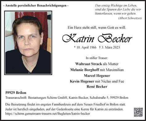 Traueranzeigen Von Katrin Becker Trauer In Nrw De