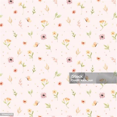 드 힐드렌의 수채화 매끄러운 패턴 꽃과 화려한 물방울 무늬 배경 꽃 잎 원 나비의 디자인 직물 직물 포장지 린넨 벽지 등에 적합