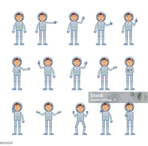 다른 손 제스처를 보여주는 우주 비행사 캐릭터의 큰 세트 엄지 손가락을 보여주는 쾌활한 우주인 가리키는 인사 승리 정지 기호 및