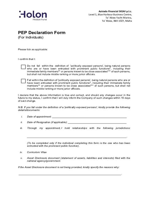 Fillable Online Pep Declaration Form Holon Global Investments Fax