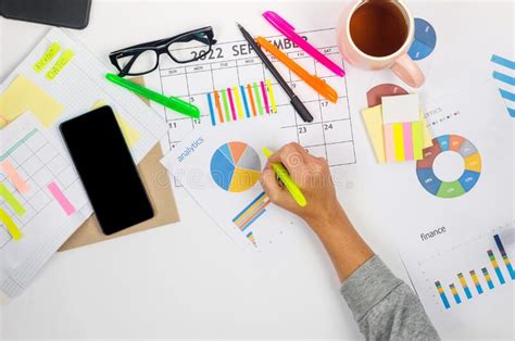 Working Set For Analyzing Statistics Charts And Graph With Financial Data Glasses Stock Image