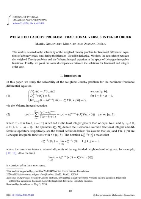 Pdf Weighted Cauchy Problem Fractional Versus Integer Order