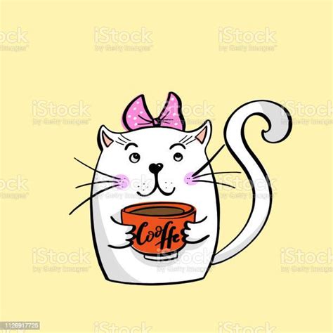 가이 활 및 그의 손에 커피 한 잔으로 만족된 흰색 고양이 인사말 카드 디자인에 대 한 그림입니다 손으로 그린 벡터 일러스트 레이 션 만화 스타일 고양이 새끼에 대한 스톡