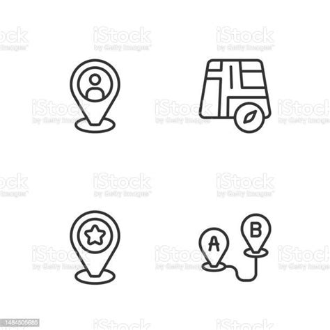 라인 경로 위치 별이 있는 위치 택시 클라이언트 및 택시 차량 아이콘을 설정합니다 벡터 가공의 인물에 대한 스톡 벡터 아트 및 기타 이미지 Istock