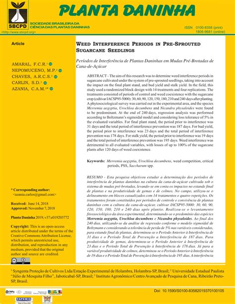 Pdf Weed Interference Periods In Pre Sprouted Sugarcane Seedlings