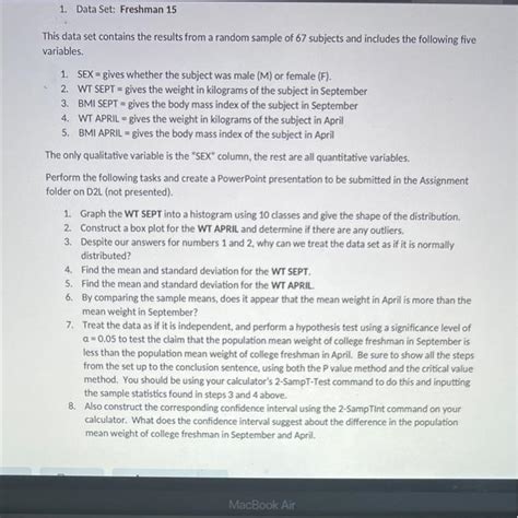 Solved 1 Data Set Freshman 15 This Data Set Contains The