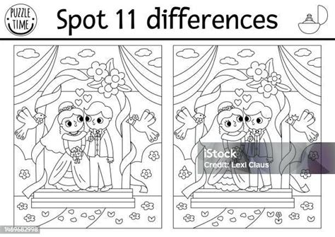 아이들을위한 차이점 찾기 게임 아치 아래 귀여운 부부와 함께하는 결혼식 흑백 활동 재미있는 신부와 신랑이 있는 아이들을 위한 결혼 색칠하기 페이지 인쇄 가능한 워크시트