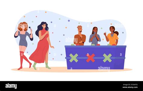 Singing Contest Concept Women With Microphones Speak To Jury