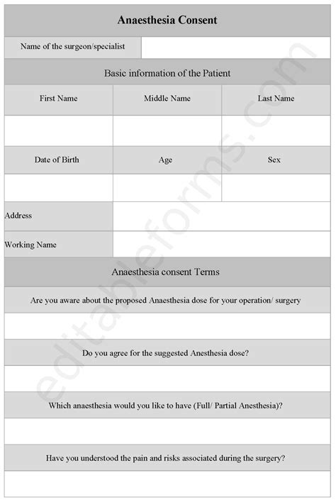 Anaesthesia Consent Form Editable Pdf Forms