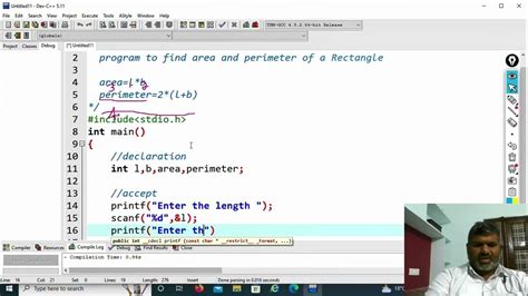 C22 Program To Find Area And Perimeter Of A Rectangle Using C Language Youtube
