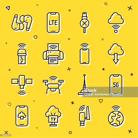 라인 글로벌 기술 5g 모바일 클라우드 다운로드 Usb 케이블 코드 없음 스마트 프린터 시스템 Usb 무선 어댑터 에어 헤드폰 및 Wifi 아이콘 설정 벡터 0명에 대한