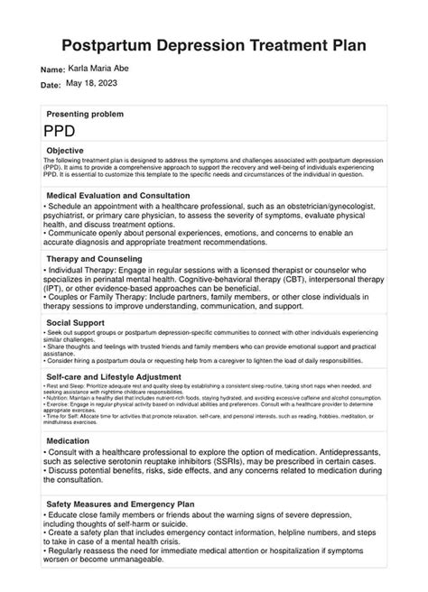 Postpartum Depression Treatment Plans And Example Free Pdf Download