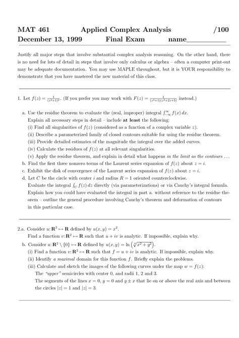 Final Exam For Applied Complex Analysis Mat 461 Docsity