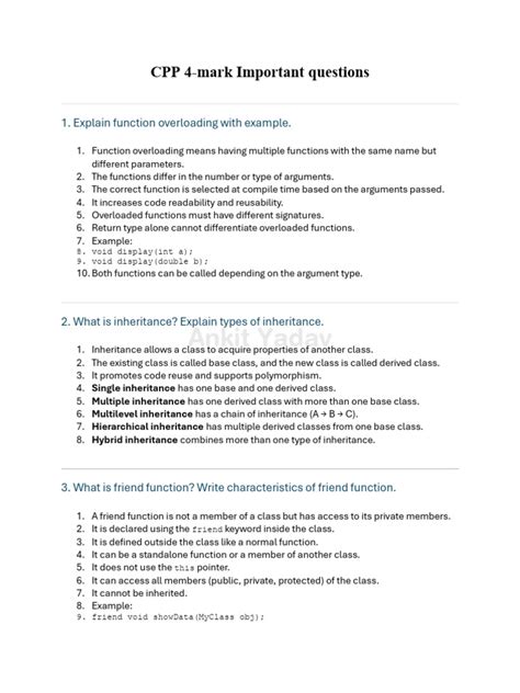 Cpp 4 Marks Important Questions Pdf Inheritance Object Oriented Programming Class