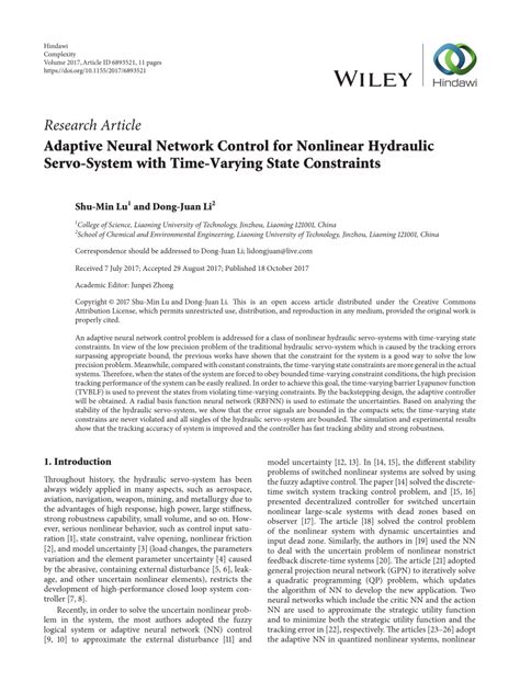 Pdf Adaptive Neural Network Control For Nonlinear Hydraulic Servo