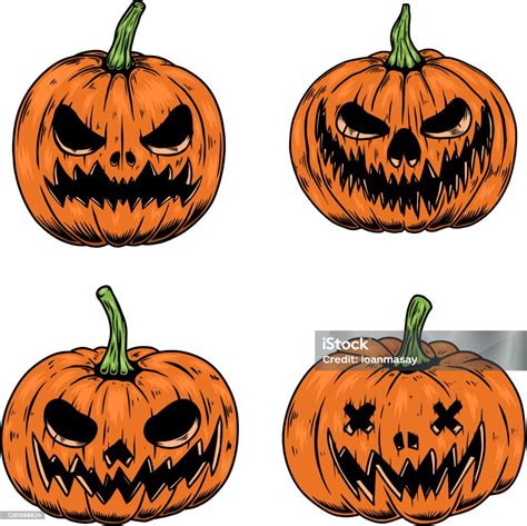 무서운 할로윈 호박의 일러스트 레이션 세트 포스터 카드 배너 기호 엠블럼을 위한 디자인 요소 벡터 일러스트레이션 10월에 대한 스톡 벡터 아트 및 기타 이미지 Istock