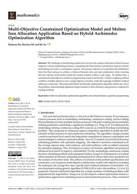 Pdf Multi Objective Constrained Optimization Model And Molten Iron