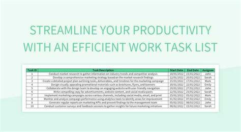 Boost Your Productivity With A Streamlined Task List For Efficient Work Excel Template Free