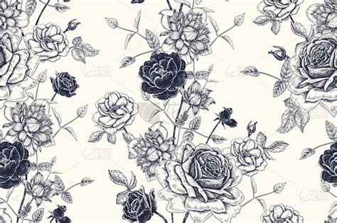 玫瑰 花 铁线莲 四方连续纹样 黑白图片 自然美 园林 窗帘 纺织品 华贵