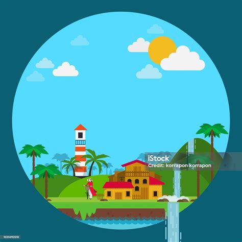 열 대 섬입니다 파라다이스 바다 풍경과 푸른 하늘 벡터 배경 0명에 대한 스톡 벡터 아트 및 기타 이미지 0명 구름 나무 Istock