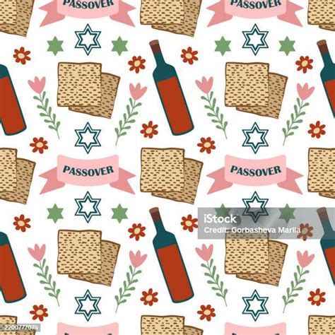 유월절 완벽 한 패턴입니다 와인 Matzo 다윗의 별 축제 리본 포장지 인사말 카드 직물 배경에 대 한 벡터 일러스트 레이 션 공휴일에 대한 스톡 벡터 아트 및 기타 이미지