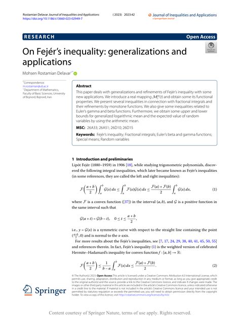 Pdf On Fejérs Inequality Generalizations And Applications