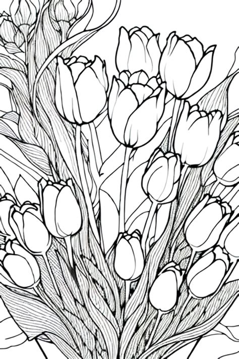 チューリップの塗り絵『葉と花のハーモニー』【大人の塗り絵 図柄の無料ダウンロード】 印刷・商用利用可 無料プリントのスタプリ