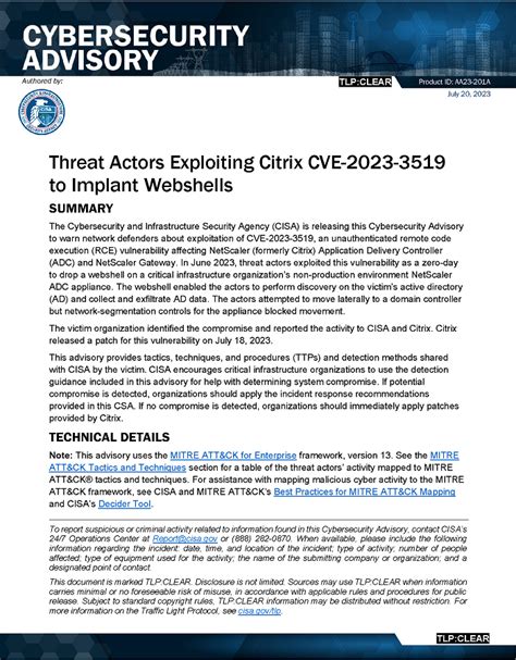 Cybersecurity Advisory Threat Actors Exploiting Citrix CVE 2023 3519 To Implant Webshells AHA