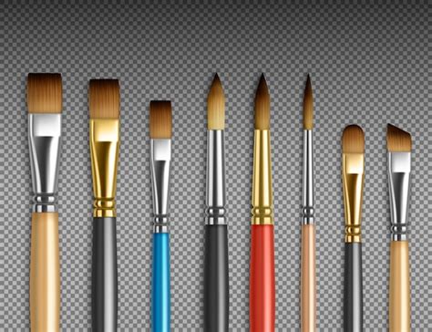 투명 배경 벡터 그림에 다른 페인팅 브러시가 있는 격리된 상위 뷰 이미지의 아티스트 도구 현실적인 세트 무료 벡터