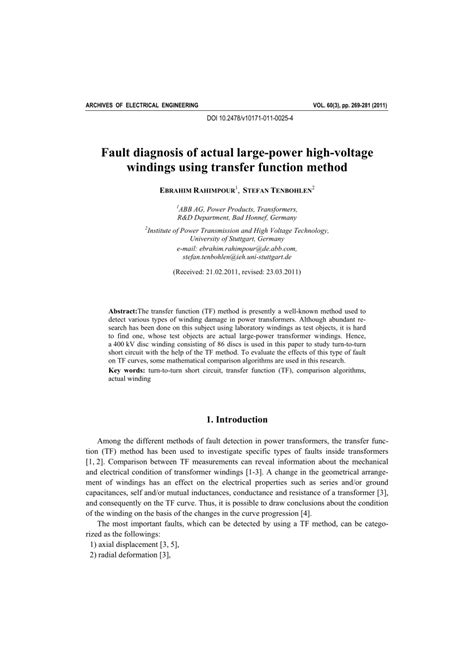 Pdf Fault Diagnosis Of Actual Large Power High Voltage Windings Using Transfer Function Method