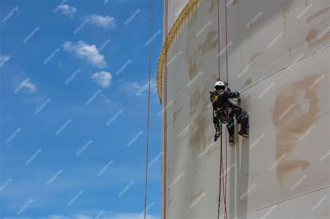 남성 작업자 다운 높이 탱크 루프 로프 액세스 저장 탱크 가스의 안전 검사 두께 용접 프리미엄 사진