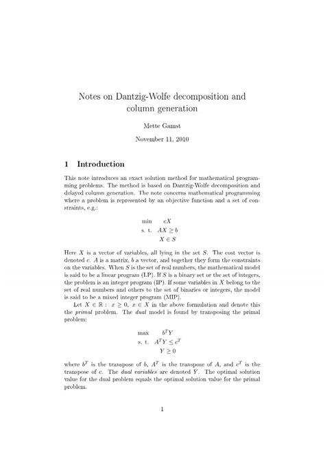 notes on dantzig wolfe decomposition and column generation
