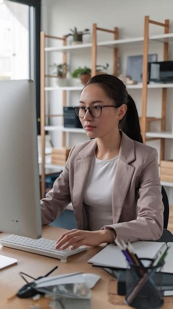 Female Asian Game Designer Using Desktop Computer Designing Unique World And Characters In 3d