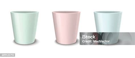 현실적인 벡터 빈 화분 세트 파스텔 색상핑크 녹색 및 파랑 클로 우즈 업 흰색 배경에 고립 브랜딩 이랑에 대 한 서식 파일을