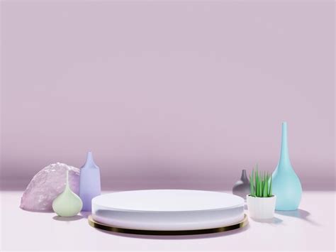 분홍색 파스텔 자연 배경과 화장품용 파스텔 꽃병 연단이 있는 흰색 및 금색 받침대 프리미엄 사진