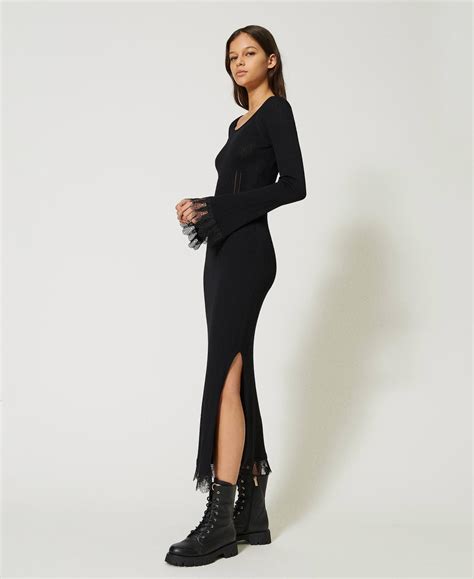 Midi Ribbed Knit Dress With Lace Woman Black Twinset Milano