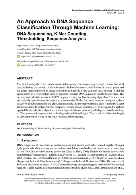 PDF An Approach To DNA Sequence Classification Through Machine Learning DNA Sequencing K Mer