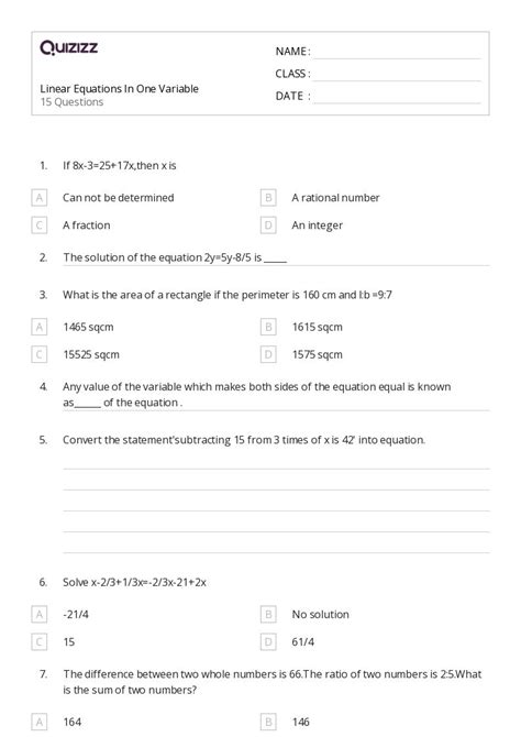 Linear Equations Worksheets For Th Class On Quizizz Free Printable