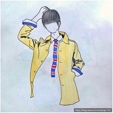 니트 넥타이와 트렌치 코트를 입은 남성과 후드 집업을 입은 소년의 모습을 펜과 색연필로 작업한 인물화 그림 그리기 네이버 블로그