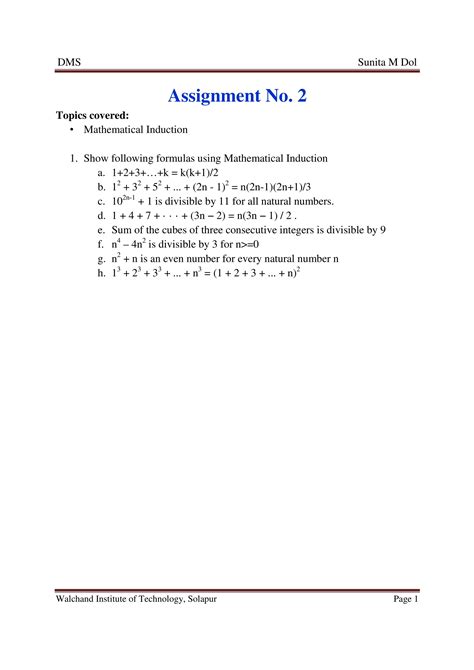Assignment No 2 On Unit I Mathematical Induction Pdf