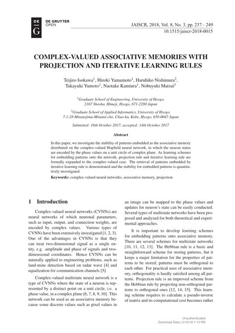 Pdf Complex Valued Associative Memories With Projection And Iterative Learning Rules