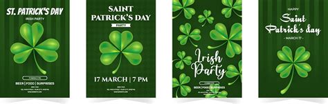 해피 성 패트릭 데이 인사말 카드 파티 초대장 포스터 녹색 토끼풀 짙은 녹색 배경에 Quatrefoil 세로 벡터 일러스트 세트 3월에 대한 스톡 벡터 아트 및 기타 이미지