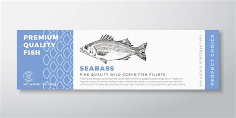프리미엄 품질 Seabass 벡터 포장 라벨 디자인 현대적인 타이포그래피와 손으로 그린 물고기 실루엣 해산물 제품 배경 레이아웃 프리미엄 벡터
