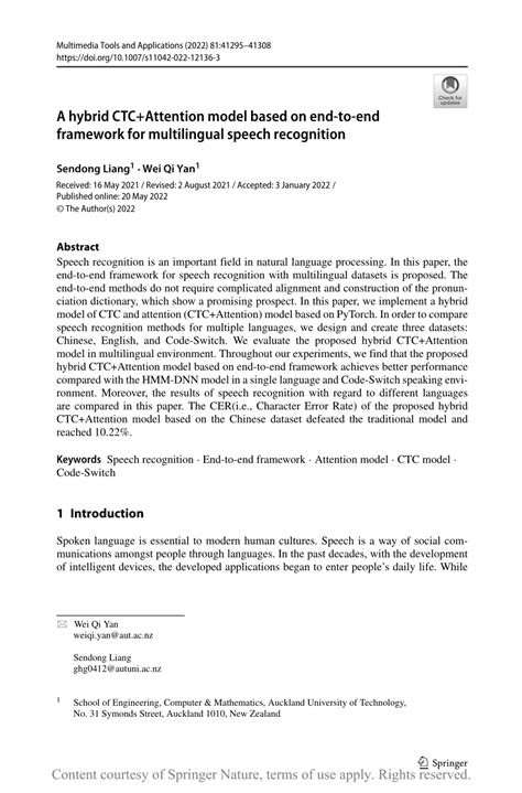 Pdf A Hybrid Ctc Attention Model Based On End To End Framework For