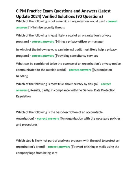 CIPM Practice Exam Questions And Answers Latest Update 2024 Verified Solutions Exams Nursing