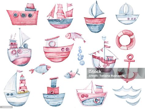 흰색 배경에 설정 수채화 바다 생활 수채화 페인팅 오브젝트 책 인쇄물 스티커를 위한 손으로 그린 다채로운 일러스트레이션 개체 그룹에 대한 스톡 벡터 아트 및 기타 이미지