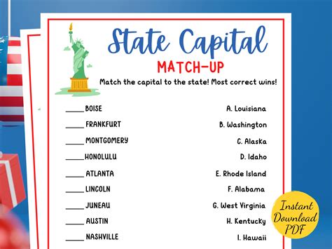 Fourth Of July State Capital Match Game July 4th Party Game