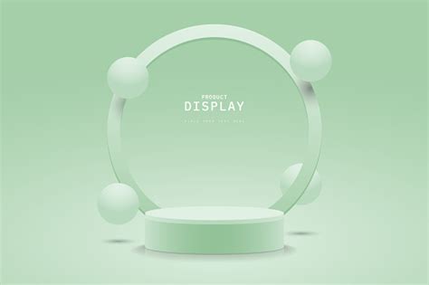 녹색 3d 실린더 연단 받침대 현실 또는 제품 디스플레이 스탠드 원형 반지 모양과 구체 공이 떠 다니고 튀어 오릅니다 추상 3d 벡터 기하학적 형태 디자인 모형을 위한