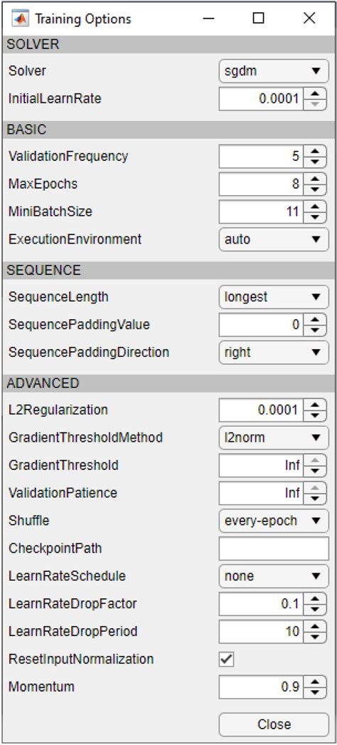 training setting of the hyperparameters for all the cnn models