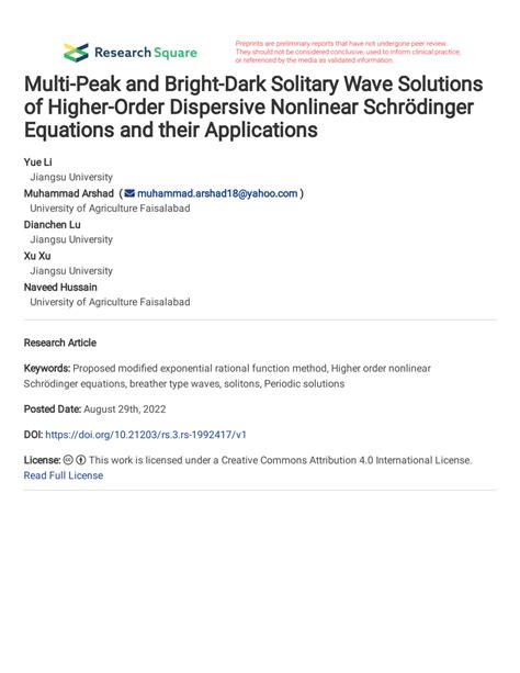 Pdf Multi Peak And Bright Dark Solitary Wave Solutions Of Higher Order Dispersive Nonlinear